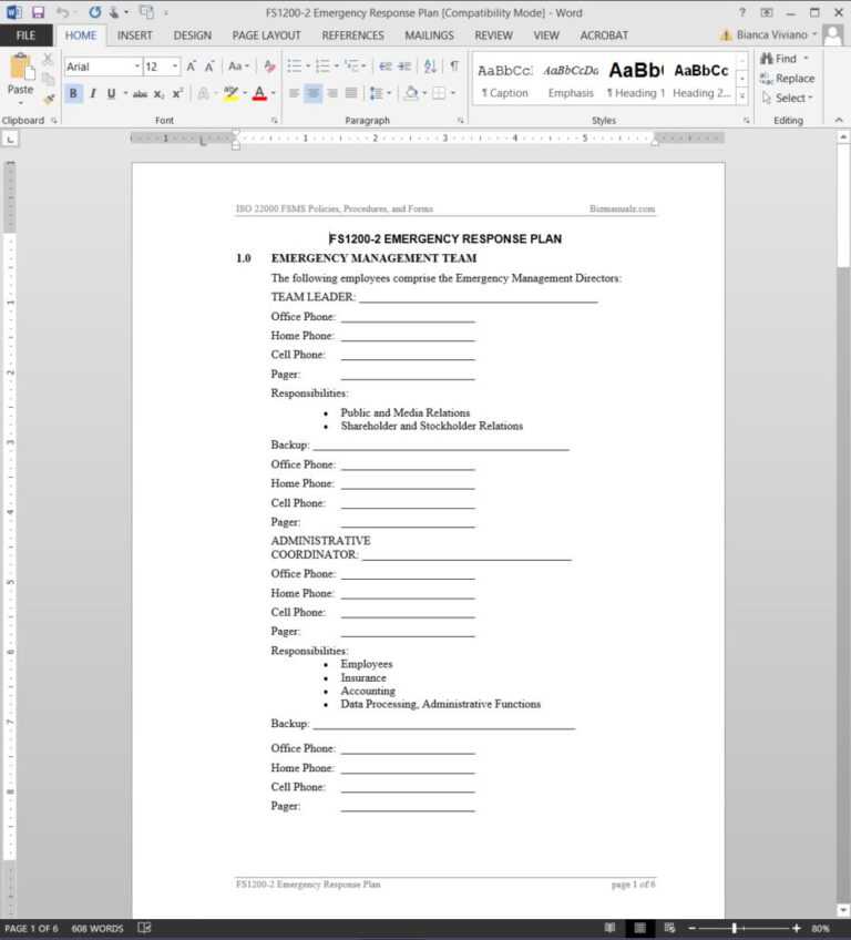 Fsms Emergency Response Plan Template Fds1200 2 Pertaining To 